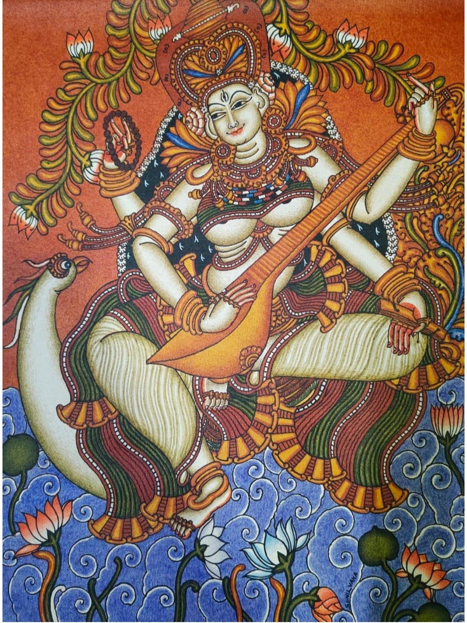 Bungalow Rose Devi Saraswathi Painting By Sunil Vaka | Acrylic On Canvas | Wayfair